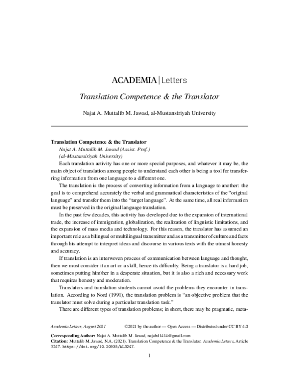 (PDF) Translation Competence & the Translator
