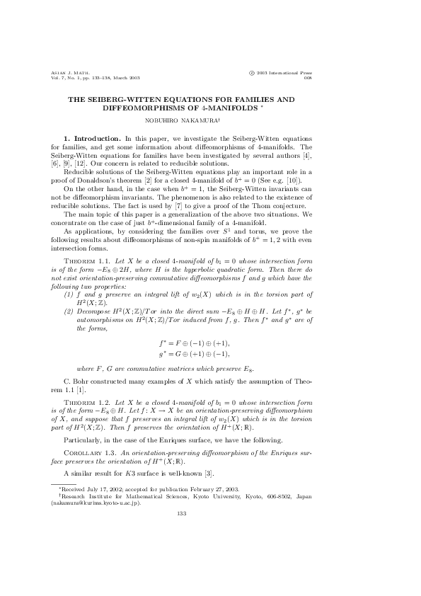 (PDF) The Seiberg–Witten equations for families and diffeomorphisms of ...
