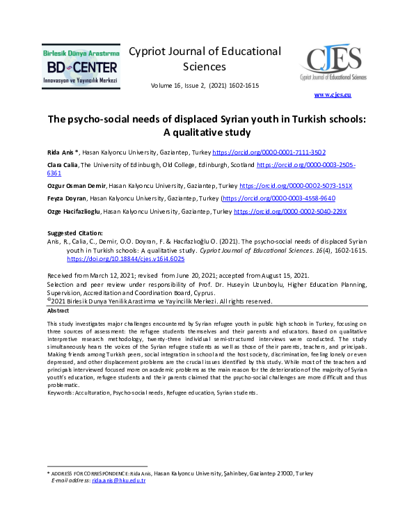 (PDF) The psycho-social needs of displaced Syrian youth in Turkish ...