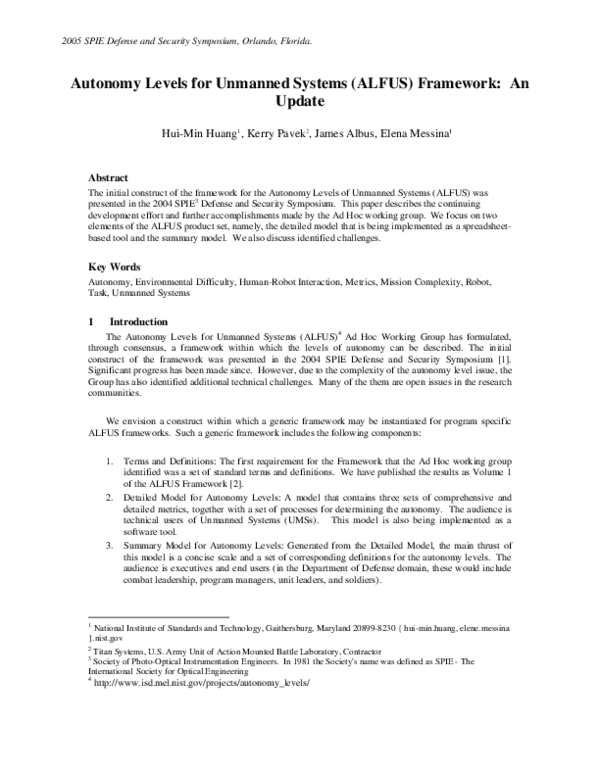 (PDF) Autonomy Levels for Unmanned Systems (ALFUS) Framework: An Update