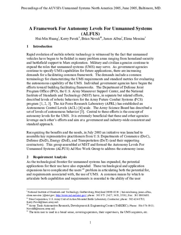 (PDF) A Framework For Autonomy Levels For Unmanned Systems (ALFUS