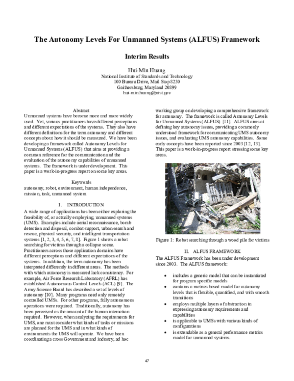 (PDF) The Autonomy Levels For Unmanned Systems (ALFUS) Framework ...