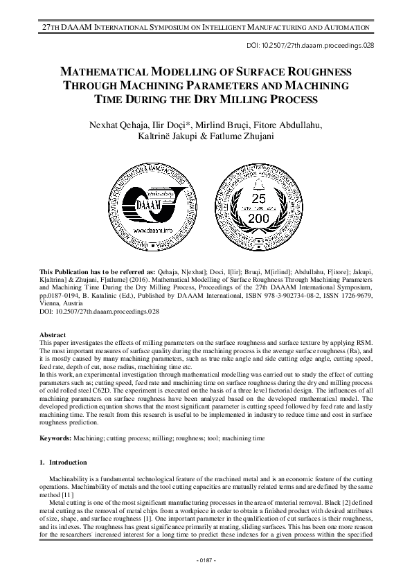 Pdf Mathematical Modelling Of Surface Roughness Through Machining Parameters And Machining