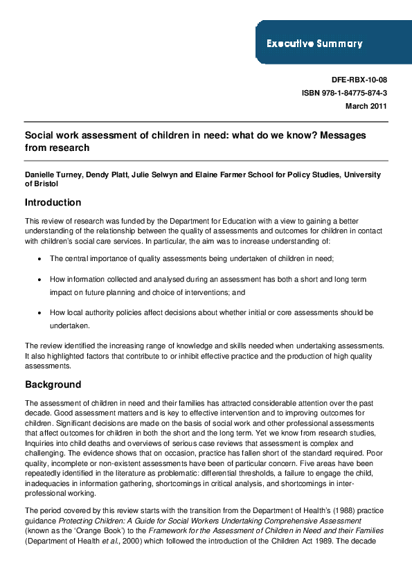 (PDF) Social Work Assessment of Children in Need: What Do We Know ...