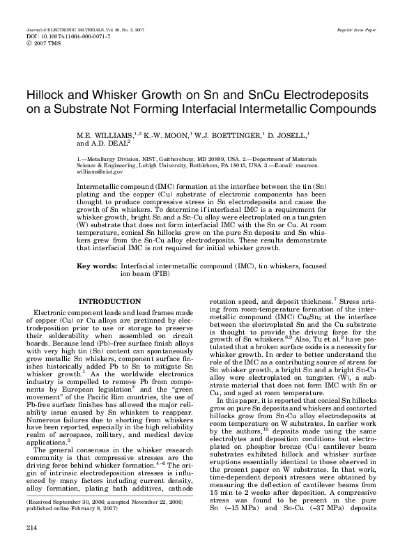 (PDF) Hillock and Whisker Growth on Sn and SnCu Electrodeposits on a ...