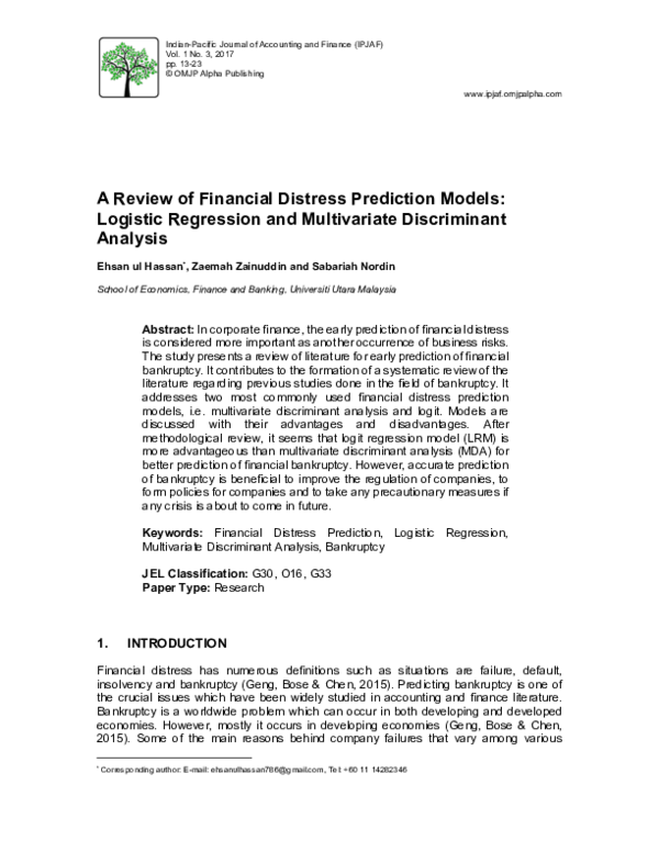 (PDF) A Review of Financial Distress Prediction Models: Logistic Regression and Multivariate ...