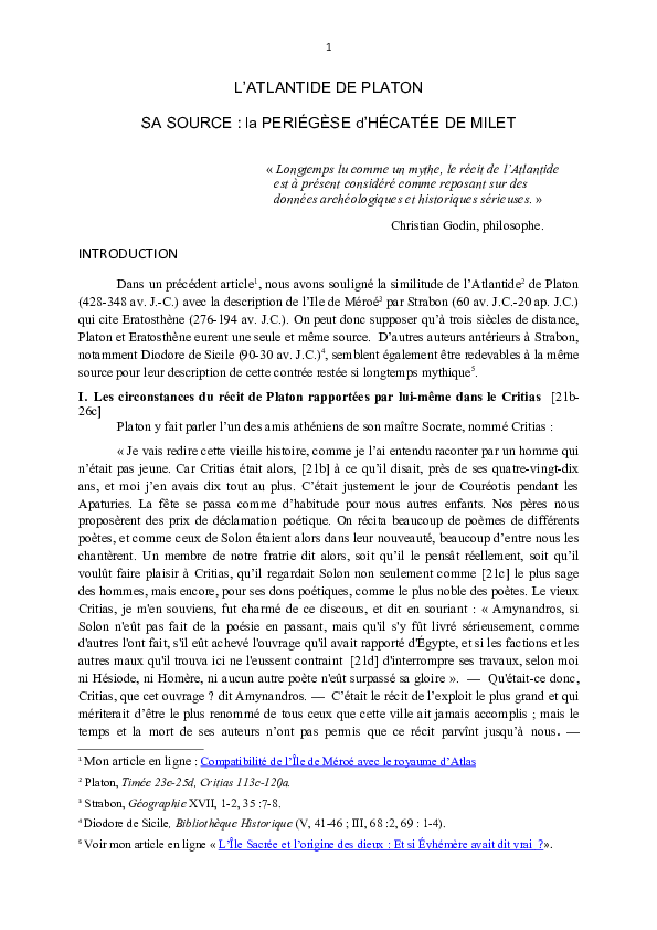 (DOC) L'Atlantide de Platon. Sa source : la Périégèse d' Hécatée de Milet