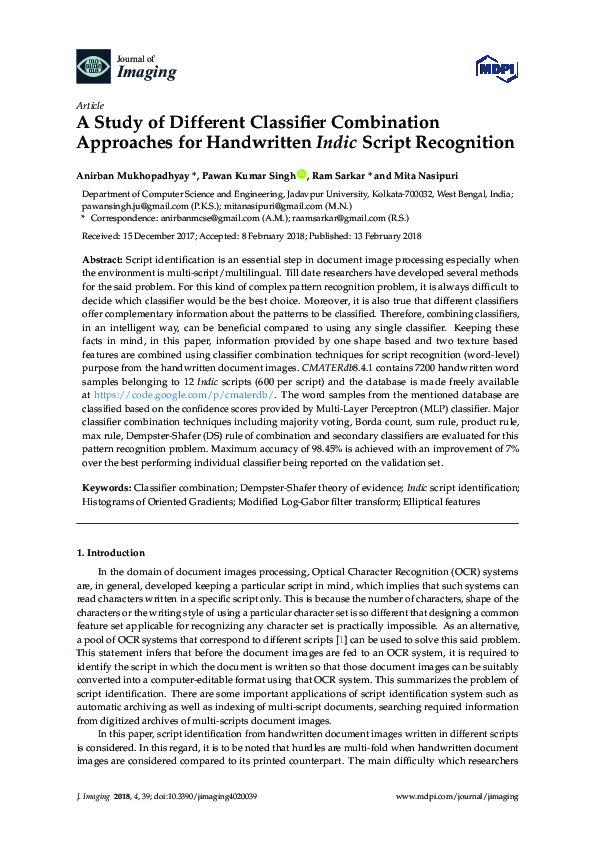 (PDF) A Study of Different Classifier Combination Approaches for Handwritten Indic Script ...