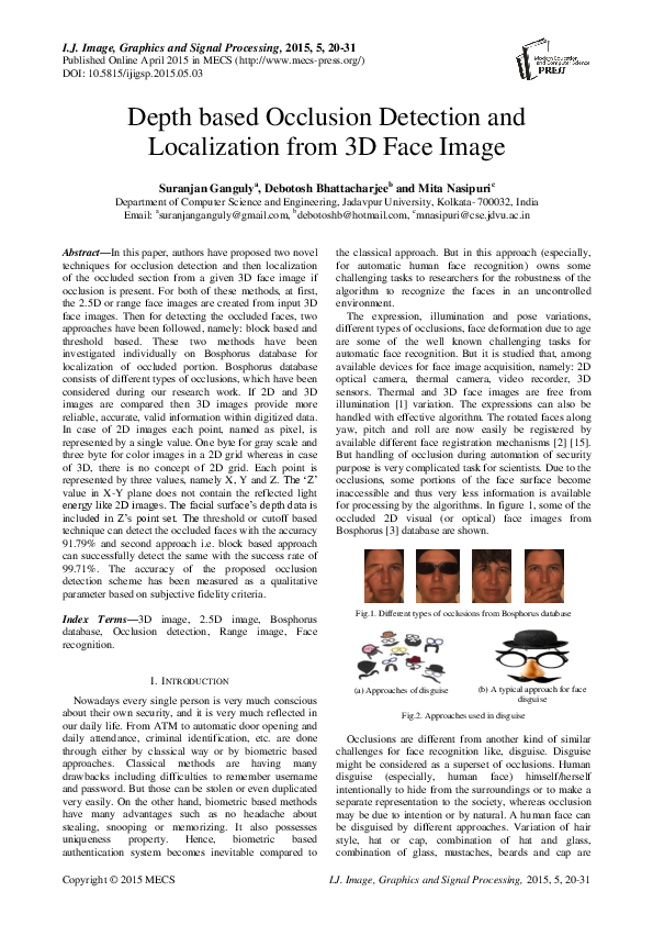 (PDF) Depth based Occlusion Detection and Localization from 3D Face Image