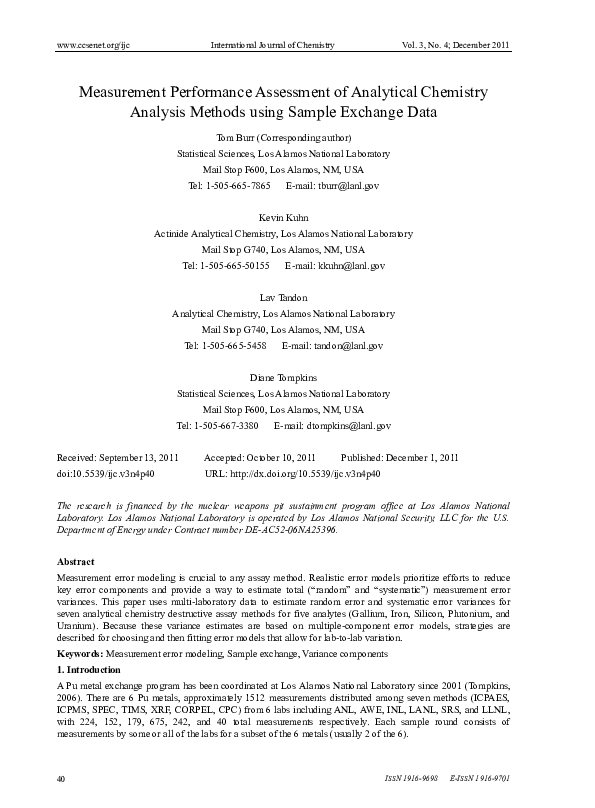 (PDF) Measurement Performance Assessment of Analytical Chemistry ...