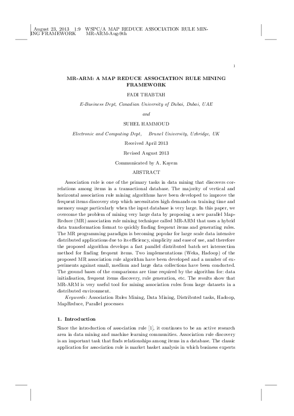 Pdf Mr Arm A Map Reduce Association Rule Mining Framework