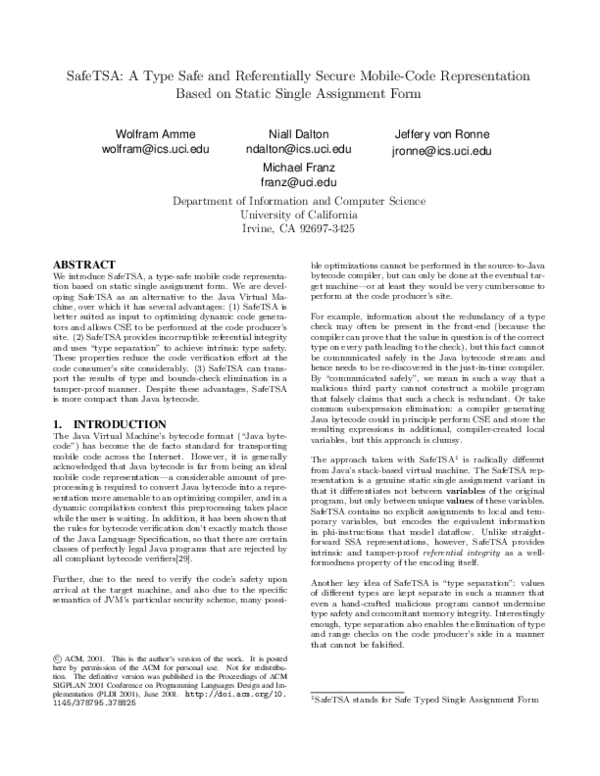 (PDF) SafeTSA: A Type Safe and Referentially Secure MobileoCode ...