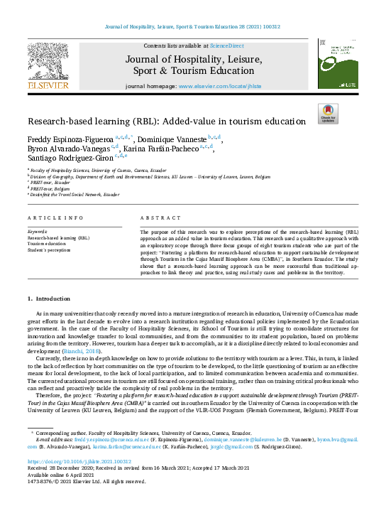 (PDF) Research-based learning (RBL): Added-value in tourism education