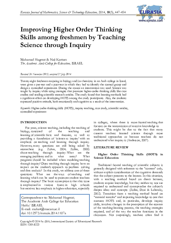 (PDF) Improving Higher Order Thinking Skills among freshmen by Teaching Science through Inquiry