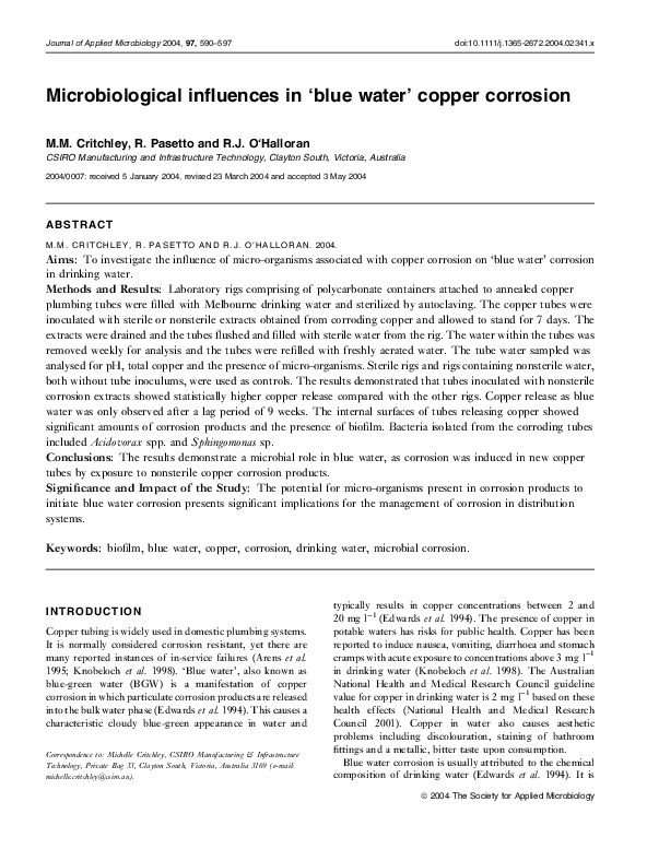 (PDF) Microbiological influences in 'blue water' copper corrosion