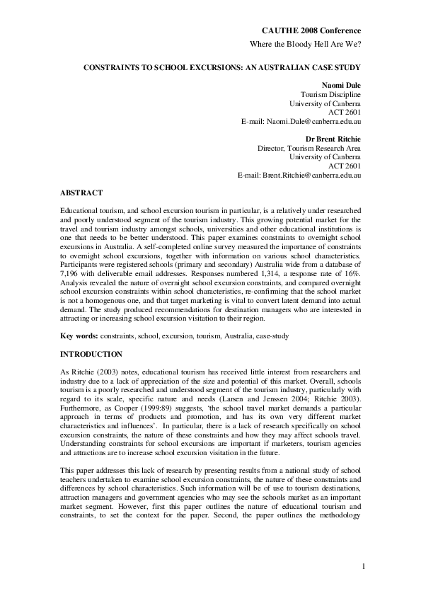 (PDF) Constraints to school excursions: An Australian case study