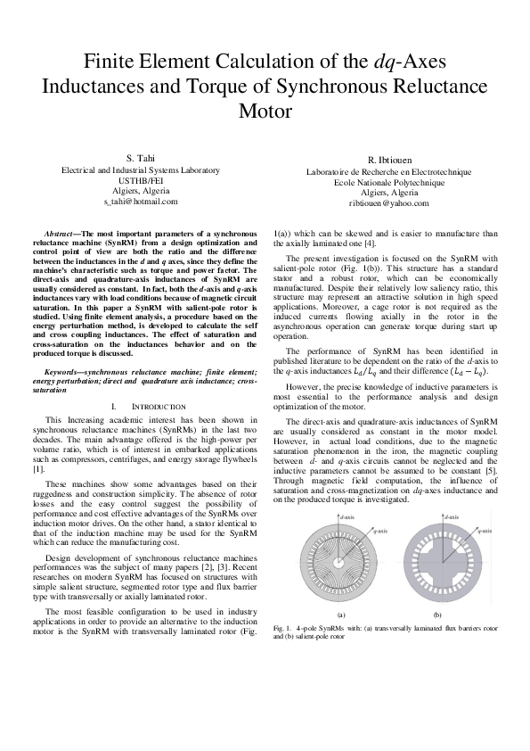Pdf Finite Element Calculation Of The Dq Axes Inductances And Torque Of Synchronous Reluctance