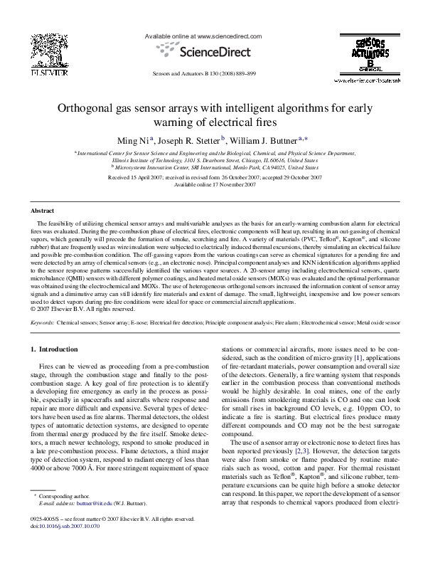 Pdf Orthogonal Gas Sensor Arrays With Intelligent Algorithms For Early Warning Of Electrical Fires