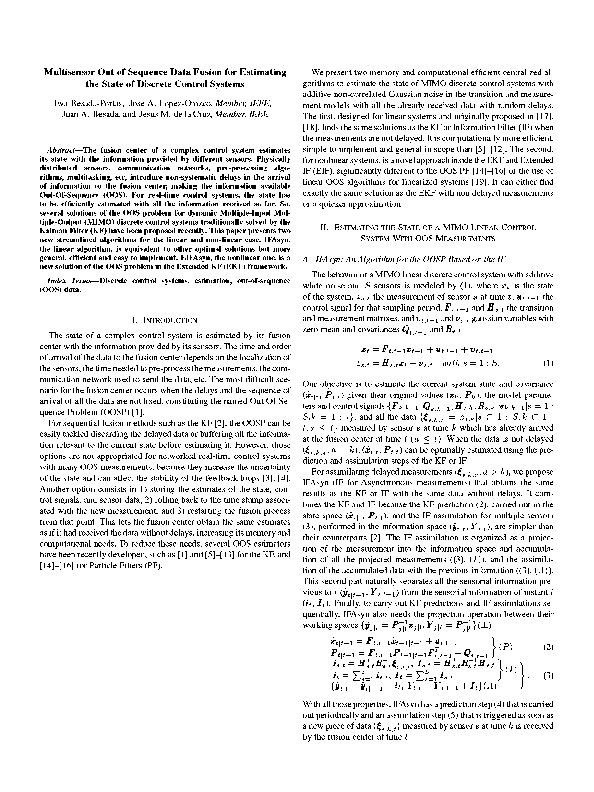 (PDF) Multisensor Out of Sequence Data Fusion for Estimating the State of Discrete Control Systems
