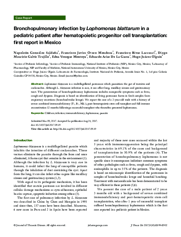 (PDF) Bronchopulmonary infection by Lophomonas blattarum in a pediatric ...