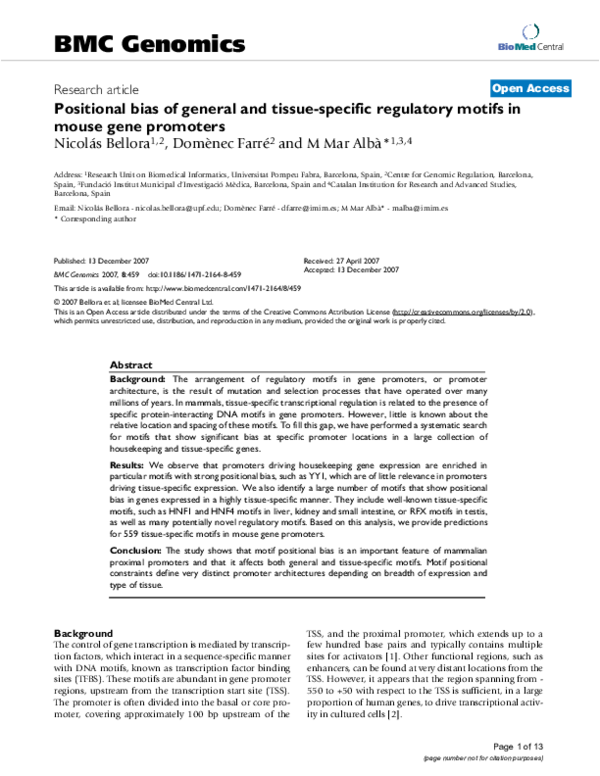 (PDF) Positional bias of general and tissue-specific regulatory motifs ...