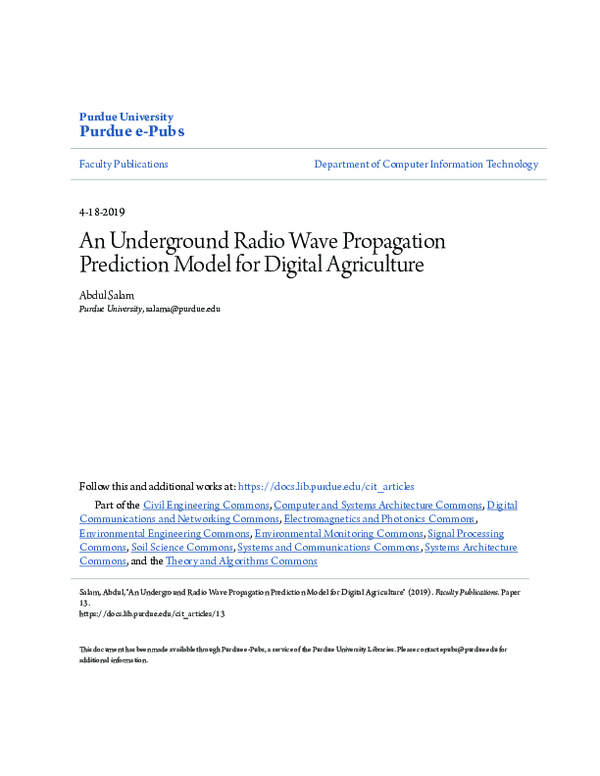 Pdf An Underground Radio Wave Propagation Prediction Model For Digital Agriculture Abdul