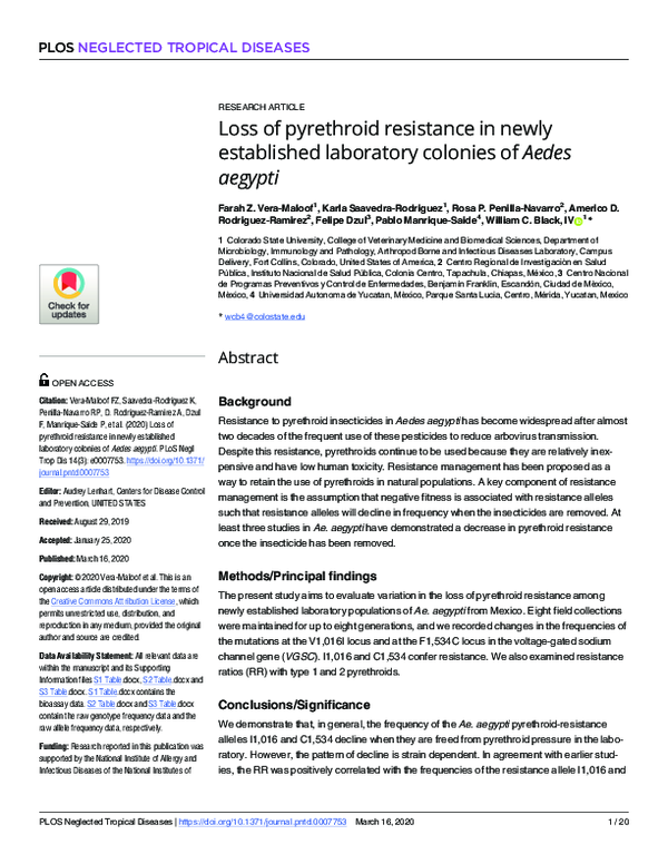 (PDF) Loss of pyrethroid resistance in newly established laboratory colonies of Aedes aegypti