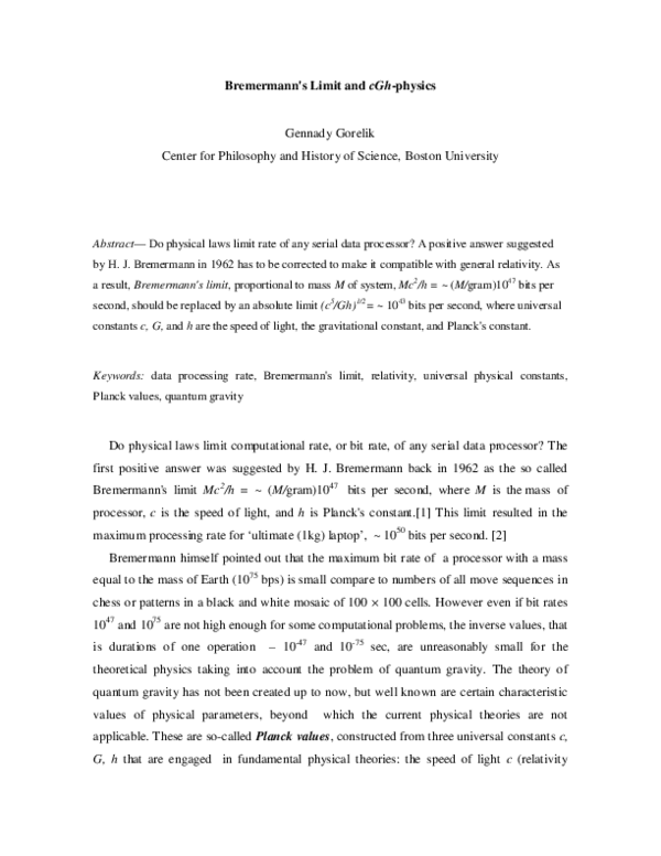 (PDF) Bremermann's Limit and cGh-physics