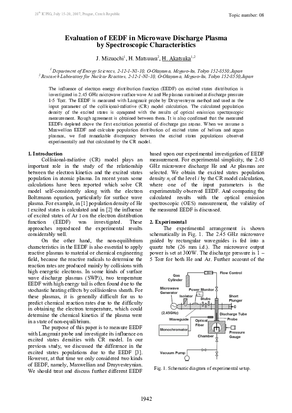 (PDF) Evaluation of EEDF in Microwave Discharge Plasma by Spectroscopic ...