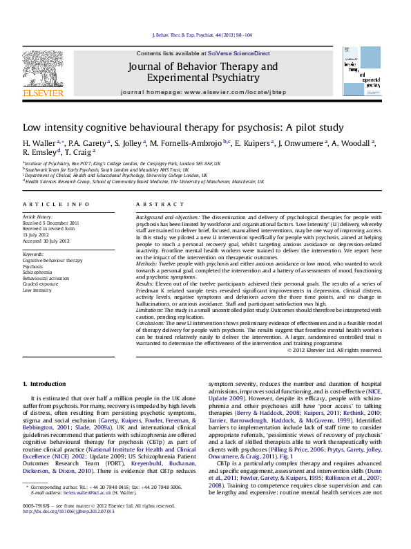 (PDF) Low intensity cognitive behavioural therapy for psychosis: A ...