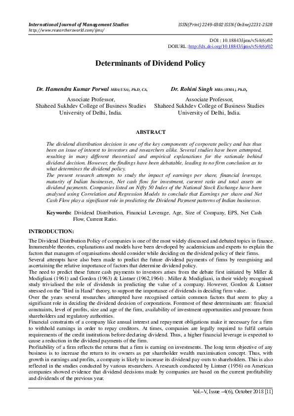 (PDF) Determinants of Dividend Policy