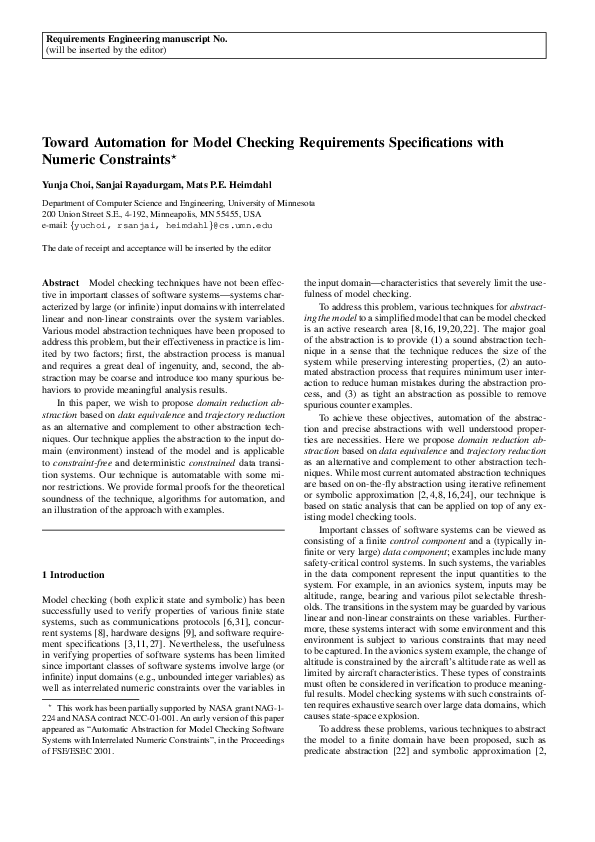 Pdf Toward Automation For Model Checking Requirements Specifications With Numeric Constraints