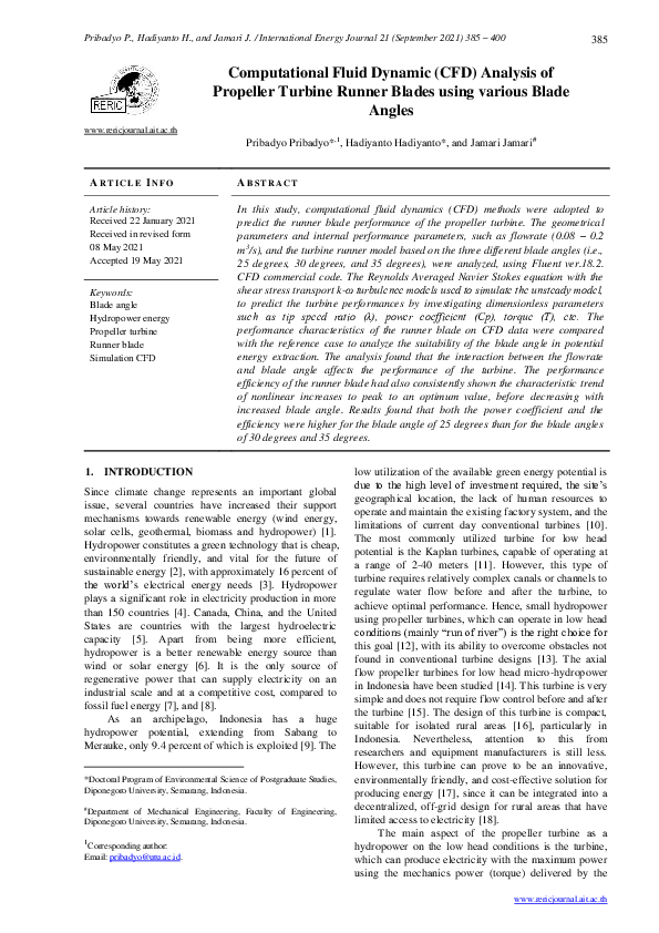 Pdf Computational Fluid Dynamic Cfd Analysis Of Propeller Turbine