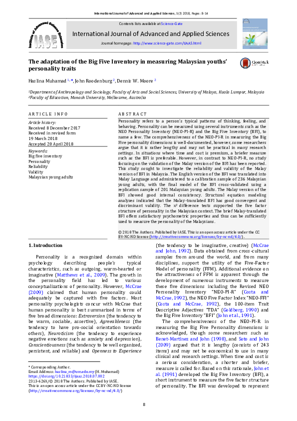 (PDF) The adaptation of the Big Five Inventory in measuring Malaysian ...