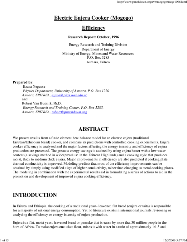 (PDF) Electric Enjera Cooker (Mogogo) Efficiency