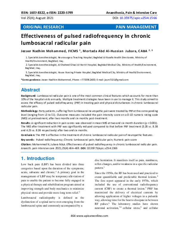 (PDF) Effectiveness of pulsed radiofrequency in chronic lumbosacral ...