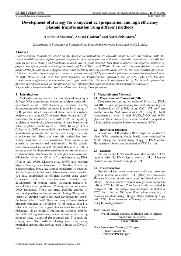 (PDF) Development of strategy for competent cell preparation and high ...