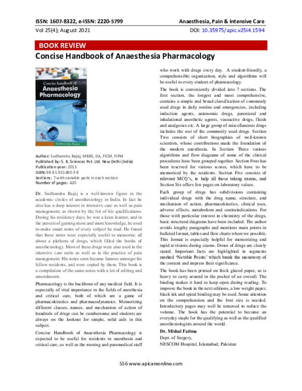 (PDF) Concise Handbook of Anaesthesia Pharmacology (PDF) Concise Handbook of Anaesthesia Pharmacology
