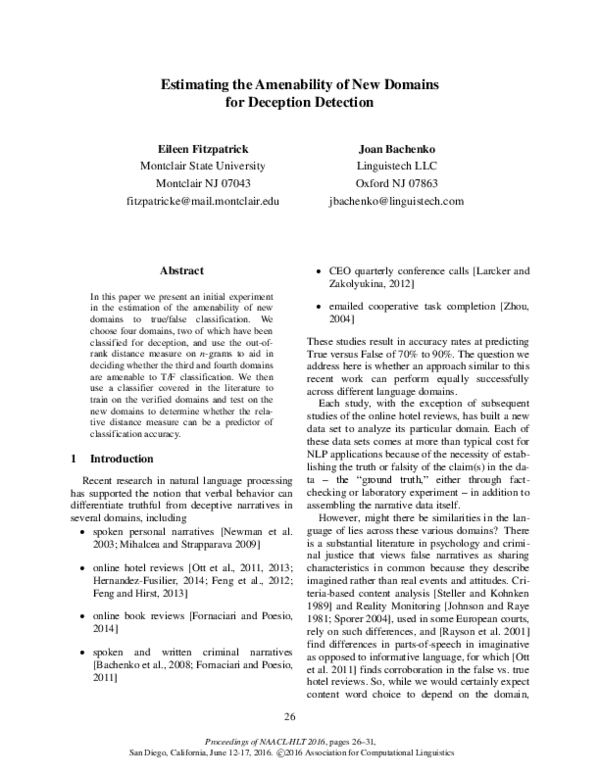 (PDF) Estimating the amenibility of new domains for deception detection