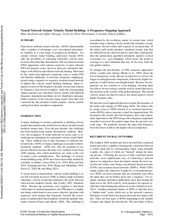 (PDF) Neural network seismic velocity model building: A frequency-stepping approach