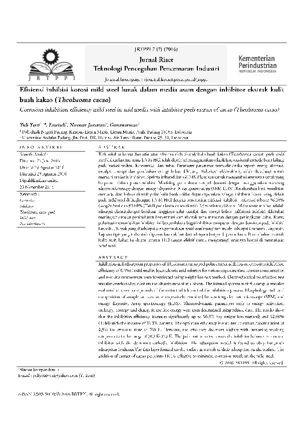 (PDF) EFFISIENSI INHIBISI KOROSI BAJA LUNAK DALAM MEDIA ASAM DENGAN ...