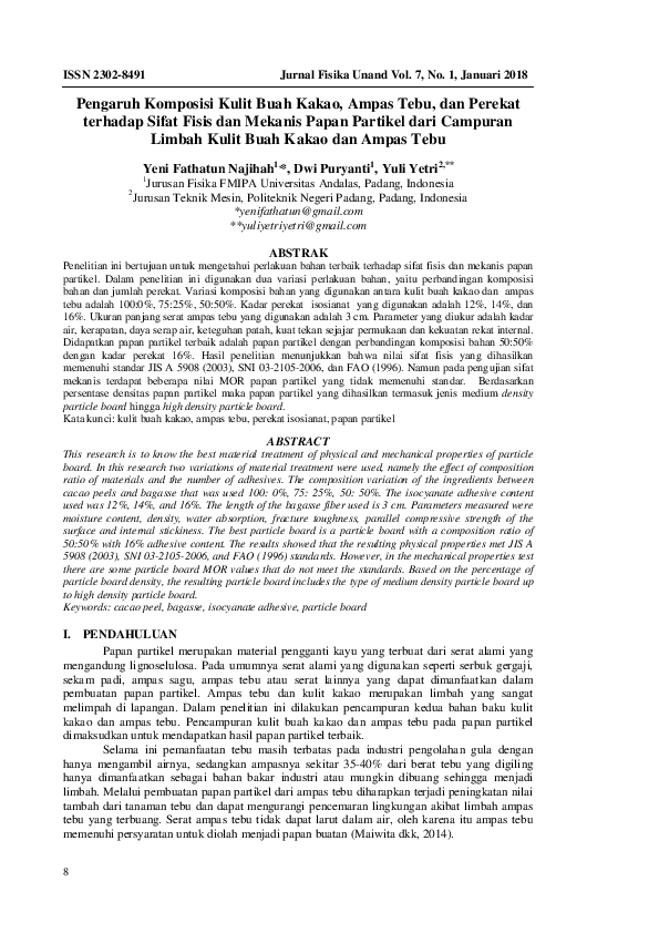 (PDF) Pengaruh Komposisi Kulit Buah Kakao, Ampas Tebu, dan Perekat terhadap Sifat Fisis dan ...