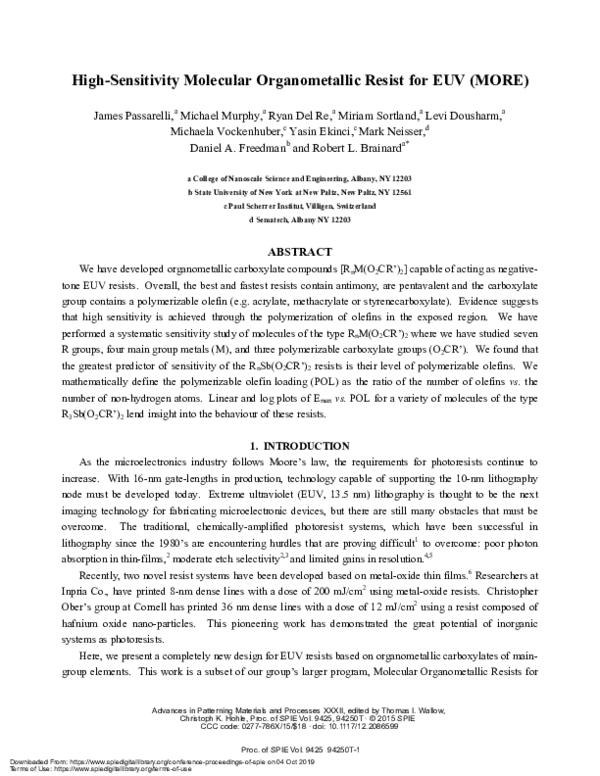 (PDF) High-sensitivity molecular organometallic resist for EUV (MORE)