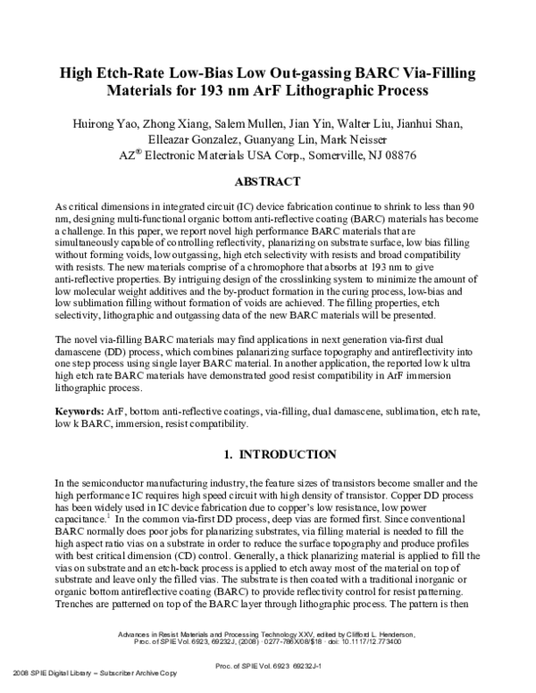 (PDF) High-etch-rate low-bias bow outgassing BARC via-filling materials for 193-nm ArF ...