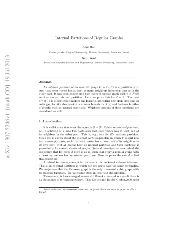 (PDF) Internal Partitions of Regular Graphs