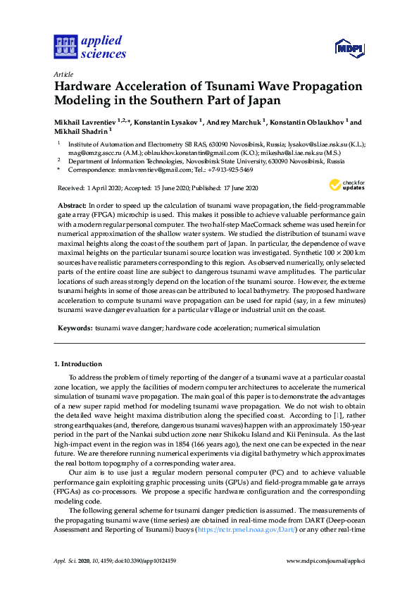 (PDF) Hardware Acceleration of Tsunami Wave Propagation Modeling in the Southern Part of Japan