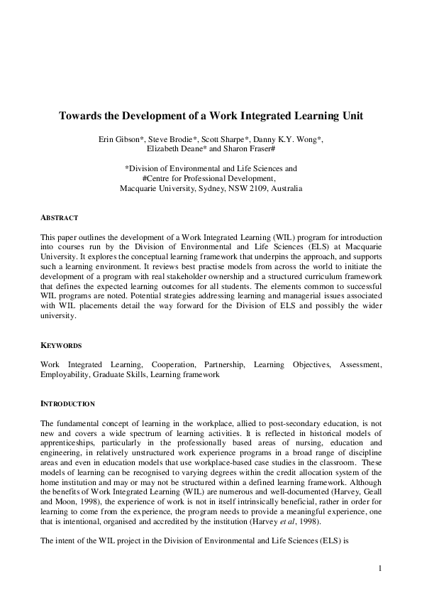 (PDF) Towards the development of a work integrated learning unit