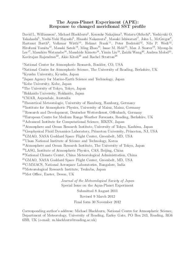 (PDF) The Aqua-Planet Experiment (APE): Response to Changed Meridional ...