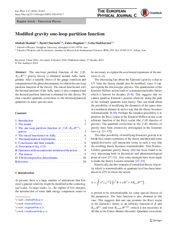 Pdf Modified Gravity One Loop Partition Function