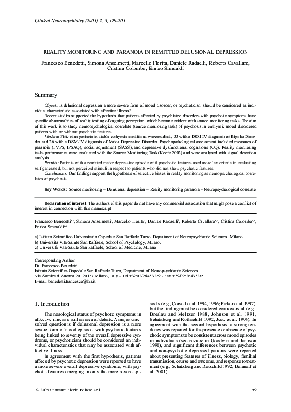 (PDF) Reality monitoring and paranoia in remitted delusional depression